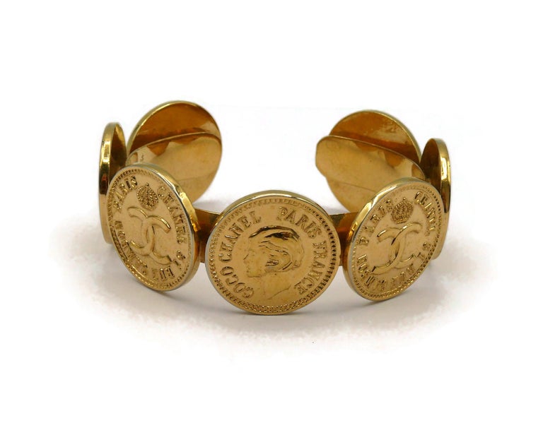 CHANEL Vintage Iconic Gold Tone Coins Bangle Bracelet For Sale at 1stDibs
