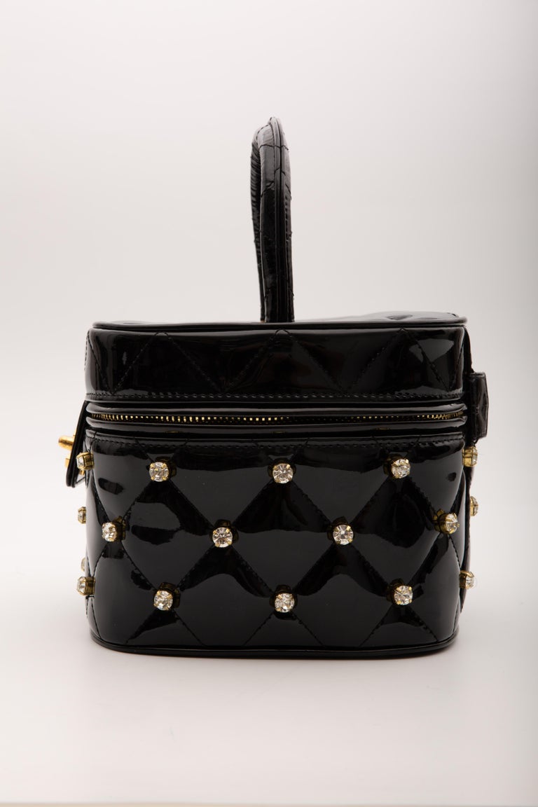 Chanel Vintage Patent Leather Quilted Crystal CC Vanity Handbag (Circa ...