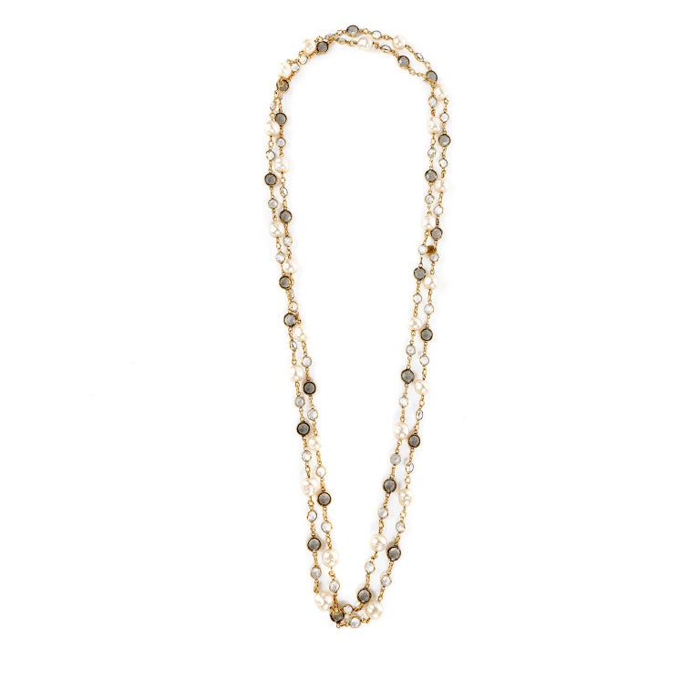 Chanel Vintage Pearl and Crystal Opera Length Necklace For Sale at 1stDibs