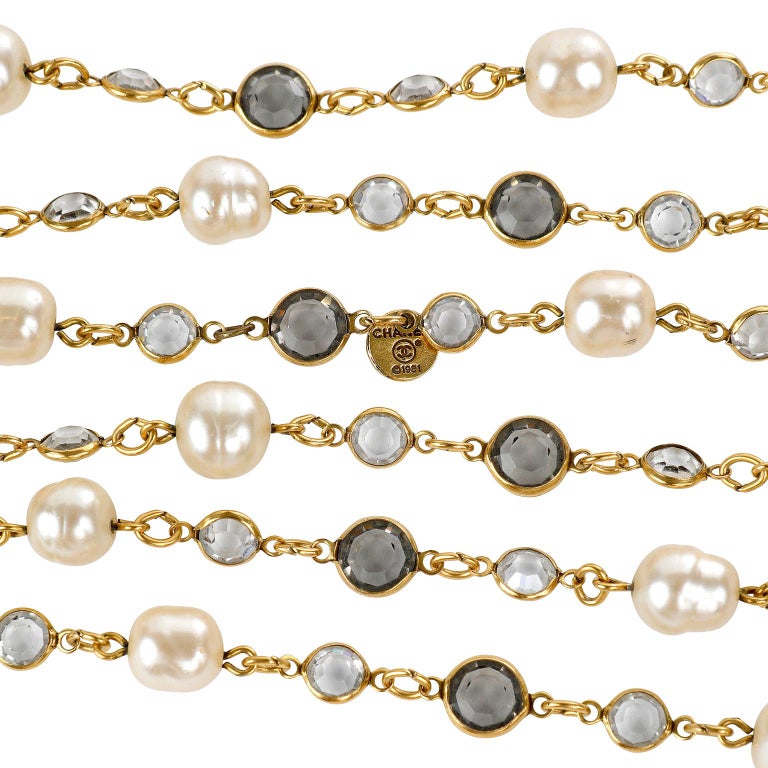 Chanel Vintage Pearl and Crystal Opera Length Necklace For Sale at 1stDibs