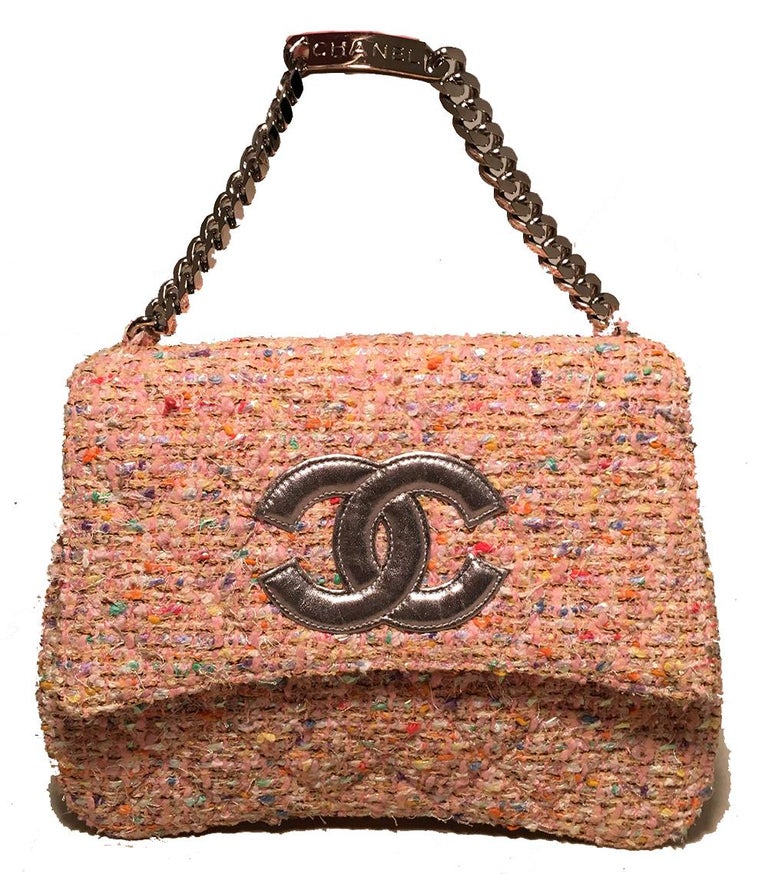 Chanel Vintage Pink Peach Woven Boucle Tweed Classic Flap Handbag For ...