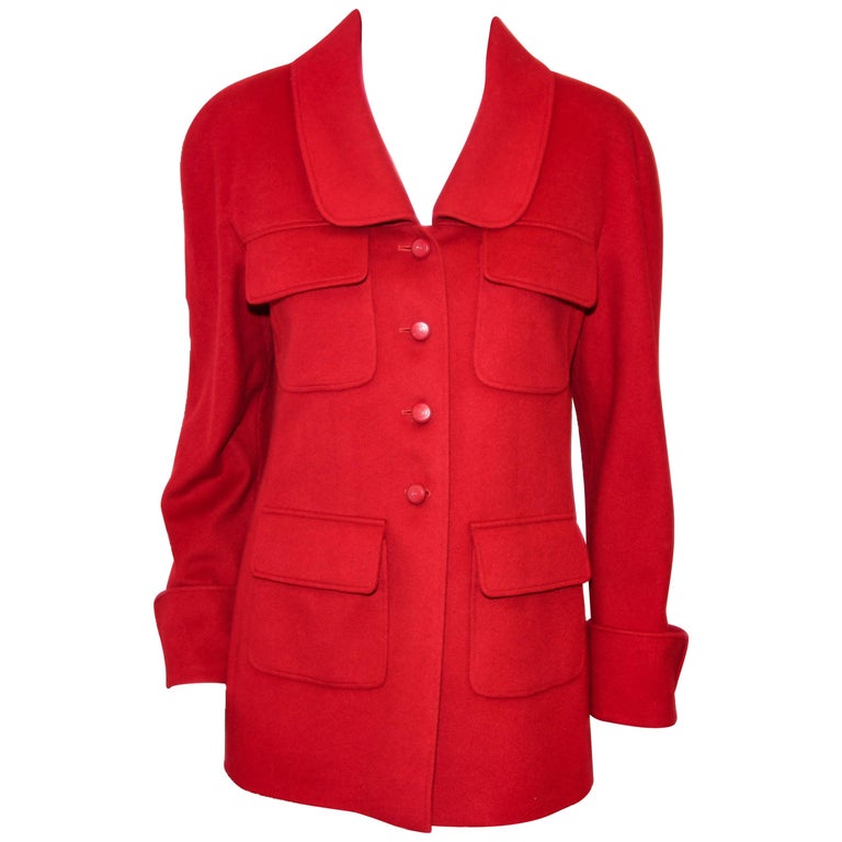 Chanel Vintage Red Cashmere Jacket W/ 4 Flap Pockets and Turn Up Cuffs ...