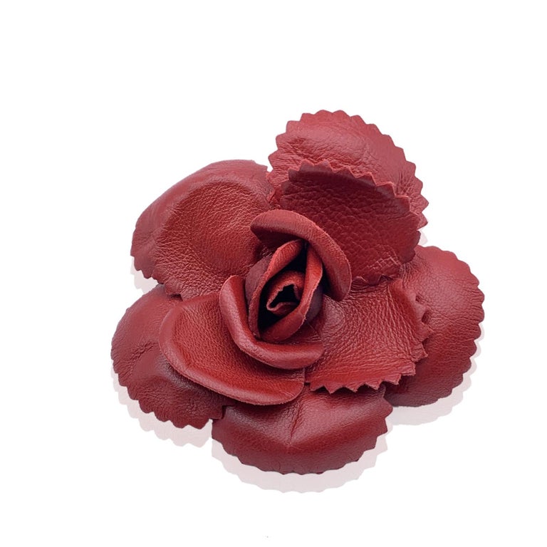 Chanel Vintage Red Leather Camelia Camellia Flower Pin Brooch For Sale ...