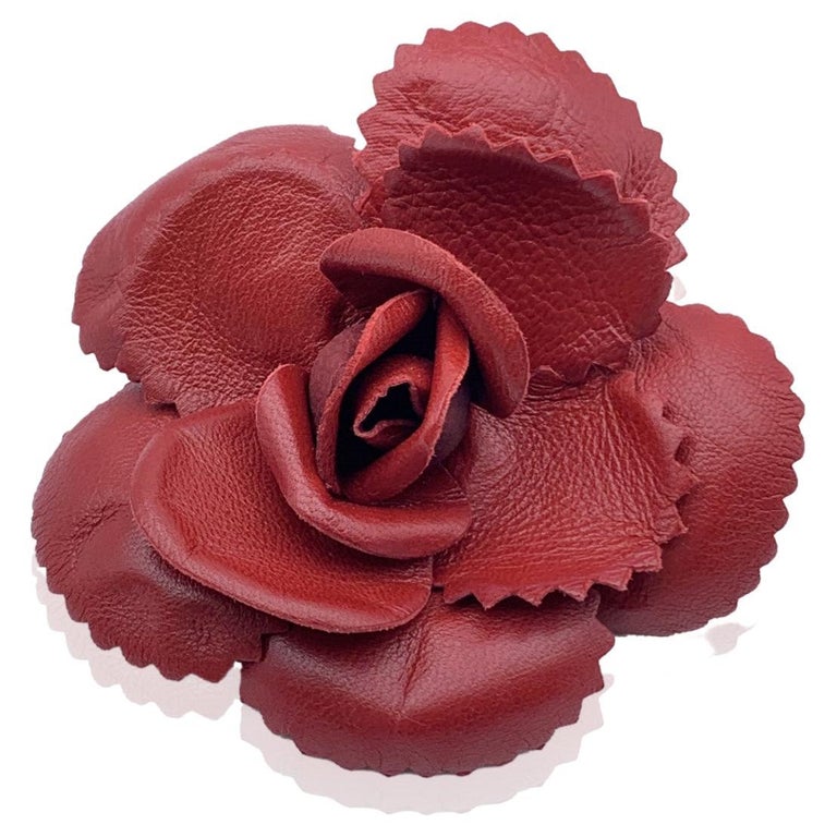 Chanel Vintage Red Leather Camelia Camellia Flower Pin Brooch For Sale ...