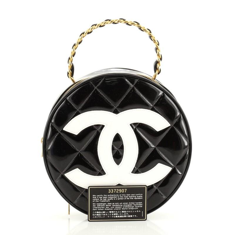 Chanel Vintage Round Top Handle Vanity Case Quilted Patent at 1stDibs