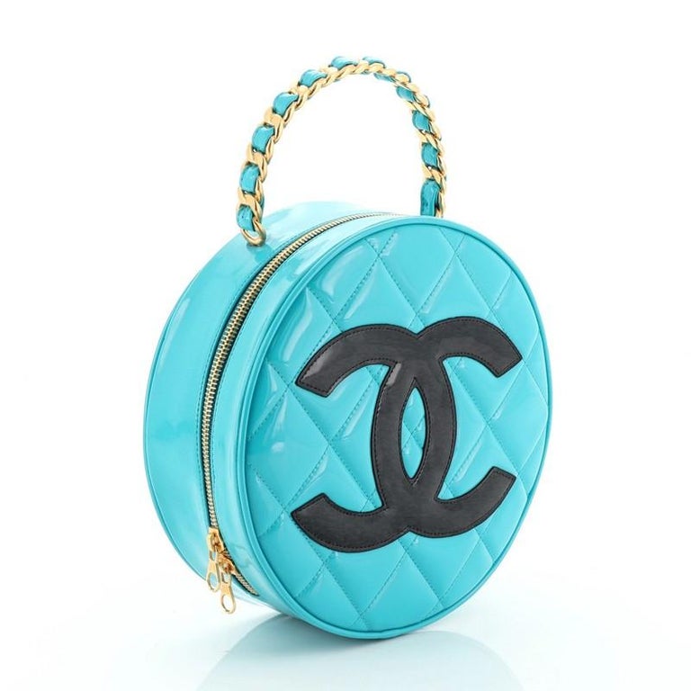 Chanel Vintage Round Top Handle Vanity Case Quilted Patent at 1stDibs