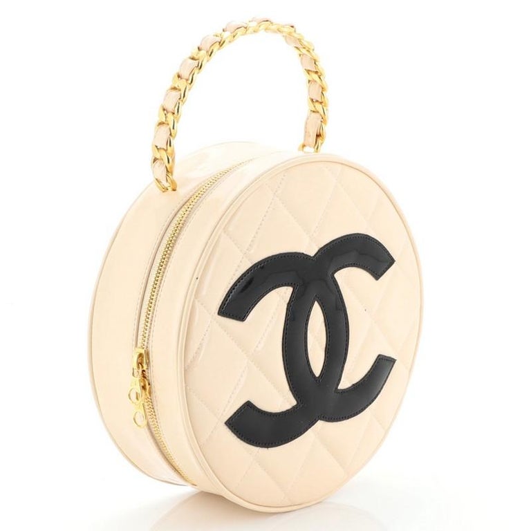 Chanel Vintage Round Top Handle Vanity Case Quilted Patent at 1stDibs