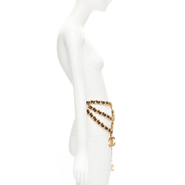 CHANEL Vintage Season 29 gold metal chain leather CC charm triple chain ...