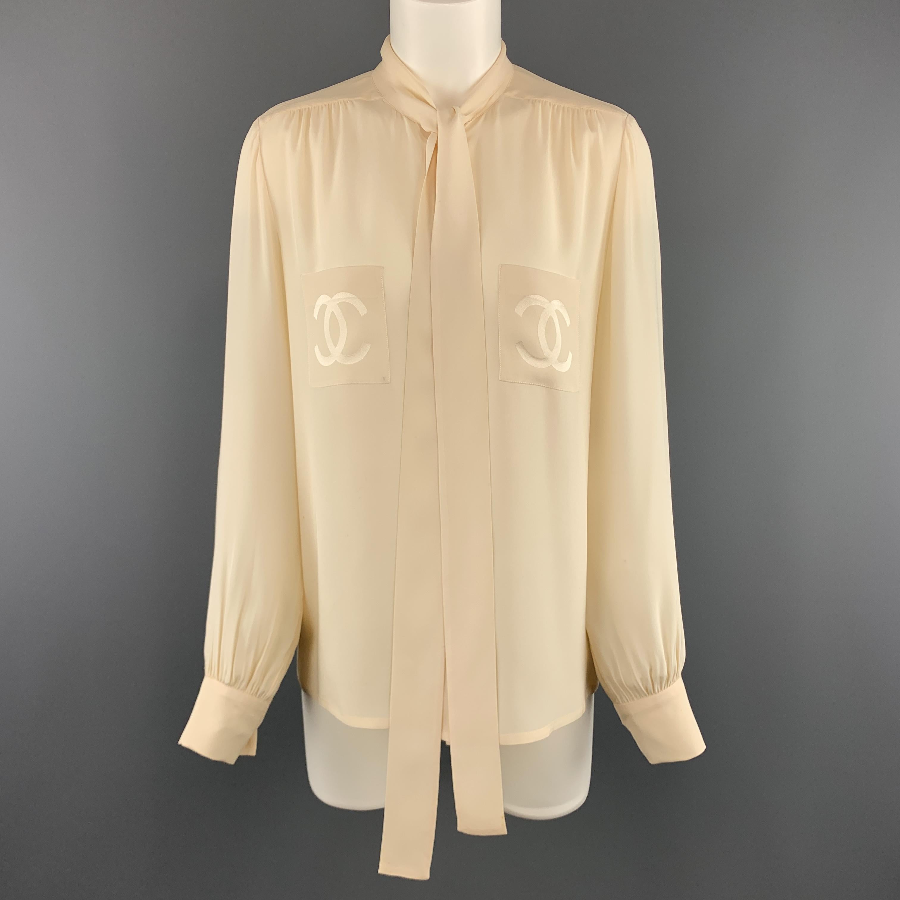 CHANEL Vintage Size 4 Cream Silk CC Pocket Bow Collar Blouse at 1stDibs ...