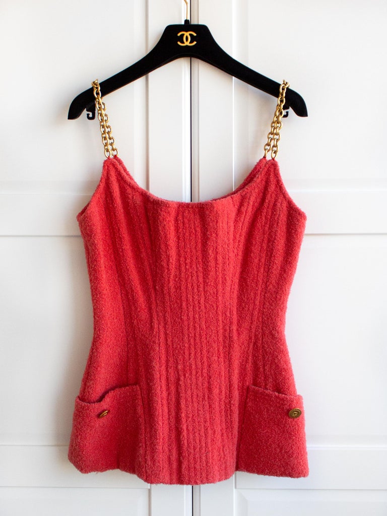 Chanel Vintage Spring 1993 Coral Red Tweed Cropped Jacket Corset Top ...