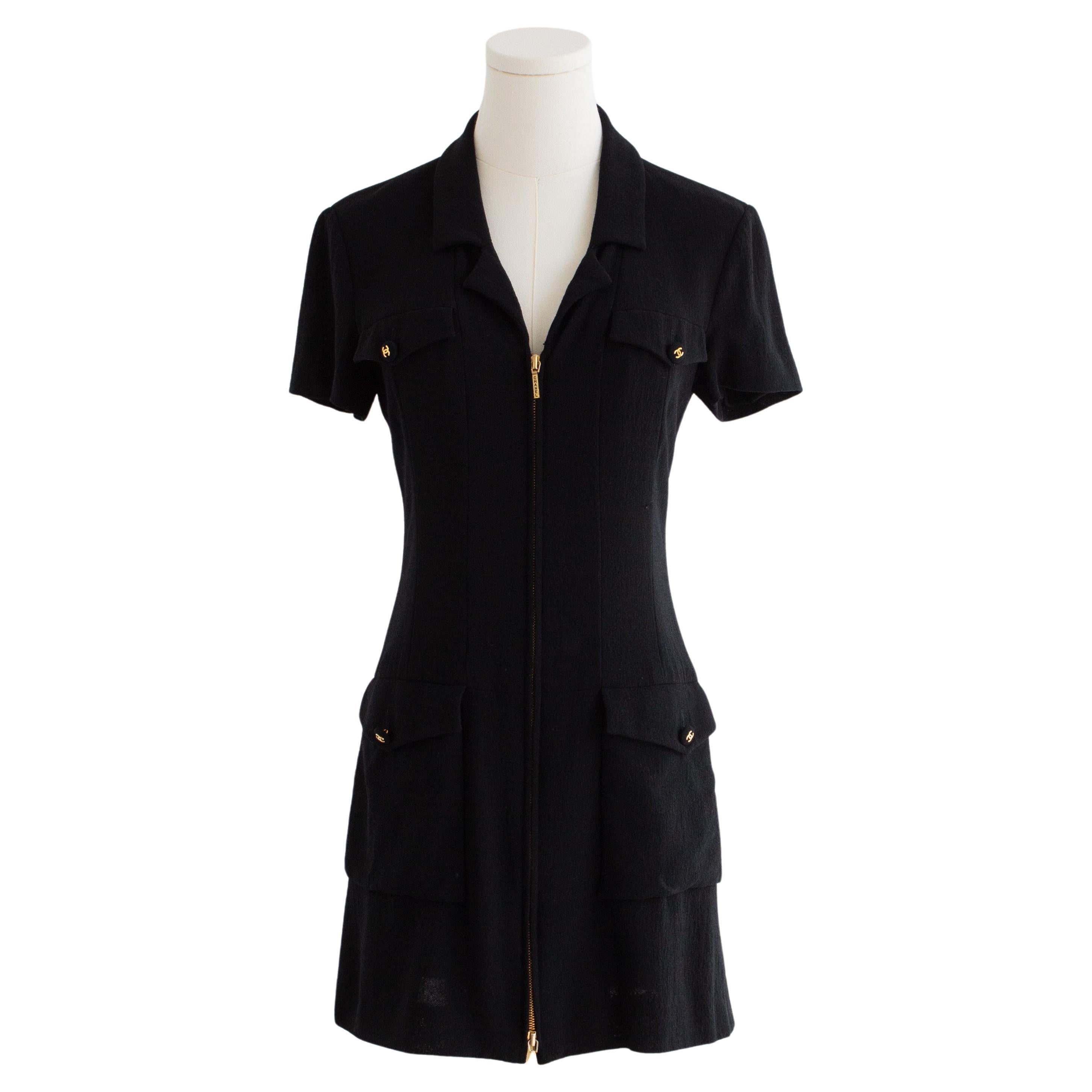Chanel Vintage Spring/Summer 1995 Black Gold CC Zip Mini 95P Dress at ...