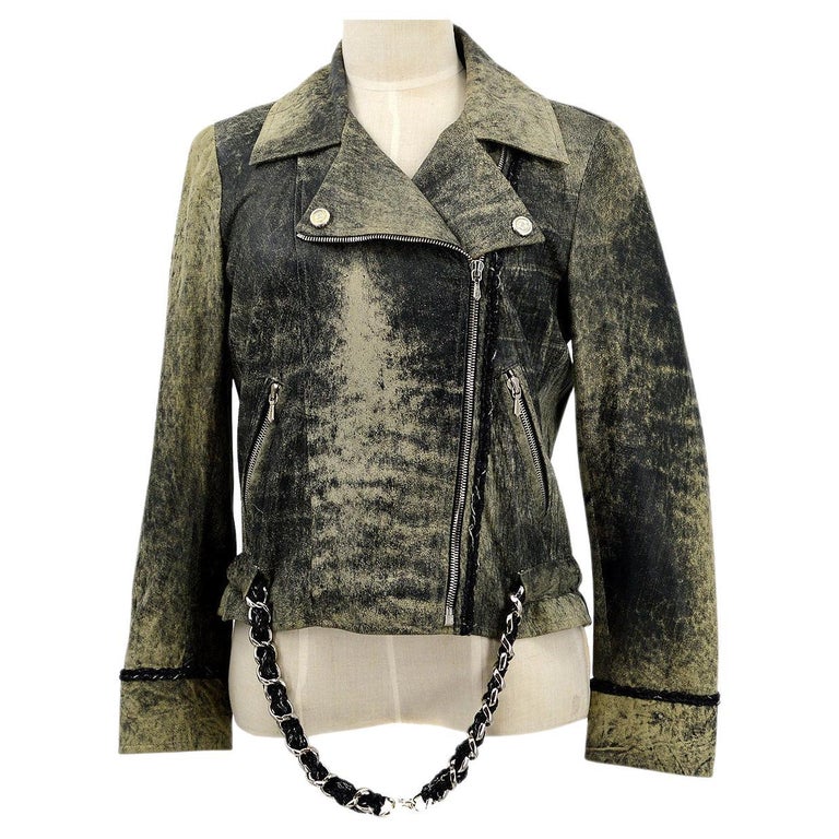 CHANEL Vintage Stone Wash Lambskin Leather Biker Moto Chain Jacket For ...