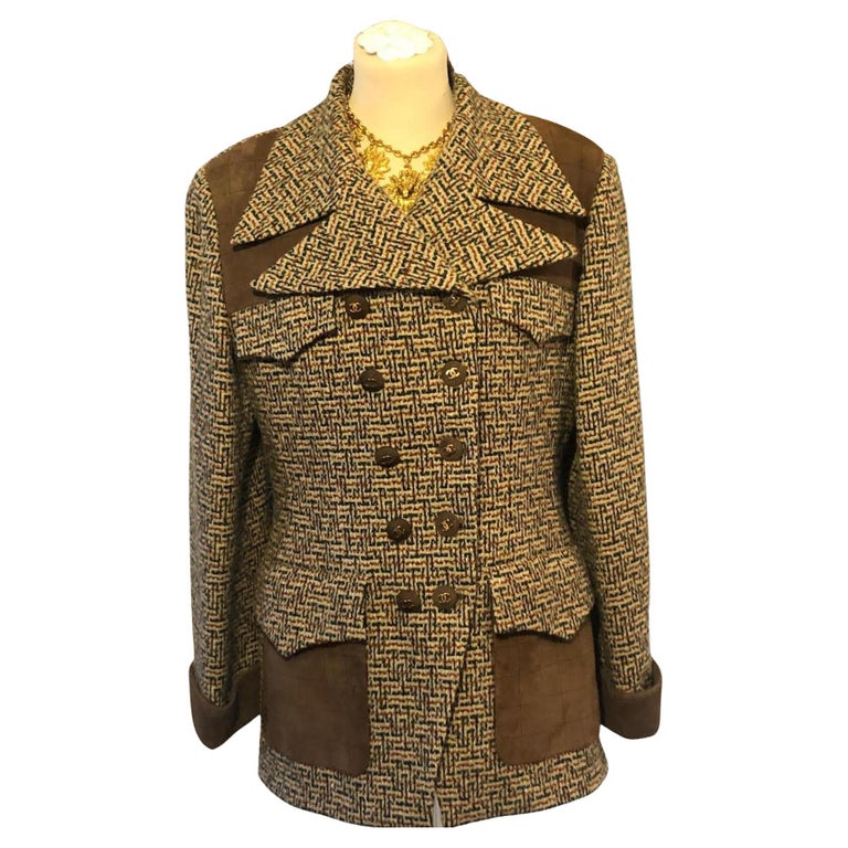 CHANEL Vintage Tweed Suede Jacket Double-Breasted Multi CC Logo Circa ...