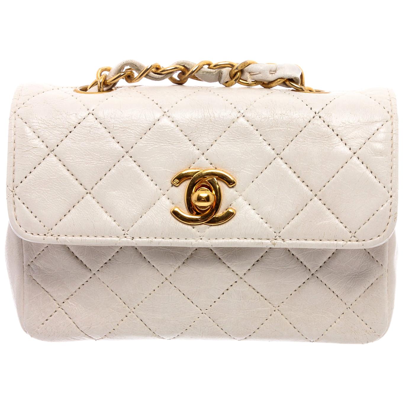 Chanel Vintage White Quilted Leather Micro Flap Bag at 1stDibs | chanel ...