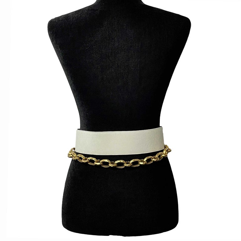 CHANEL - VTG 93P Wide White Leather Large Buckle Gold Chain Waist Belt ...