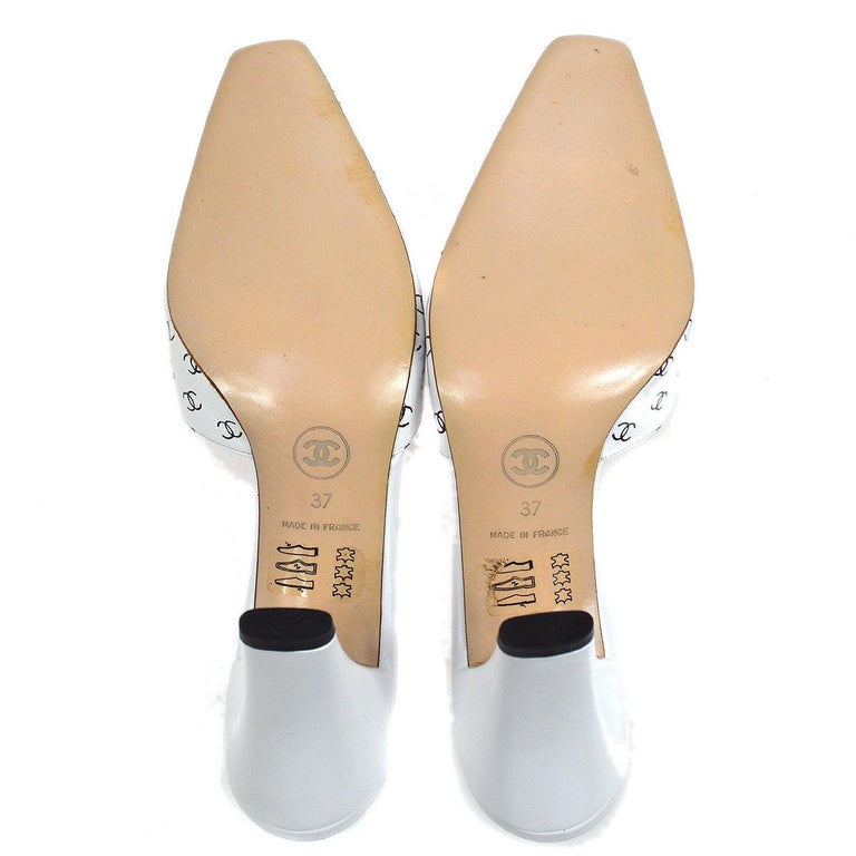 CHANEL White Black Logo Leather Mules Slides Heels Sandals For Sale at ...