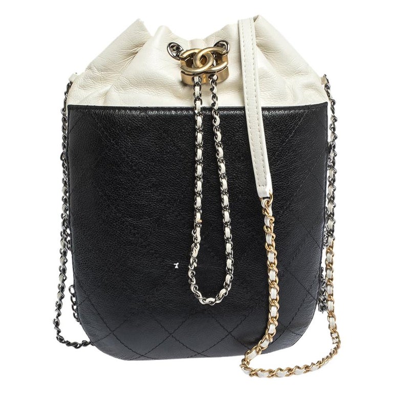 Chanel White/Black Quilted Leather Gabrielle Bucket Bag at 1stDibs