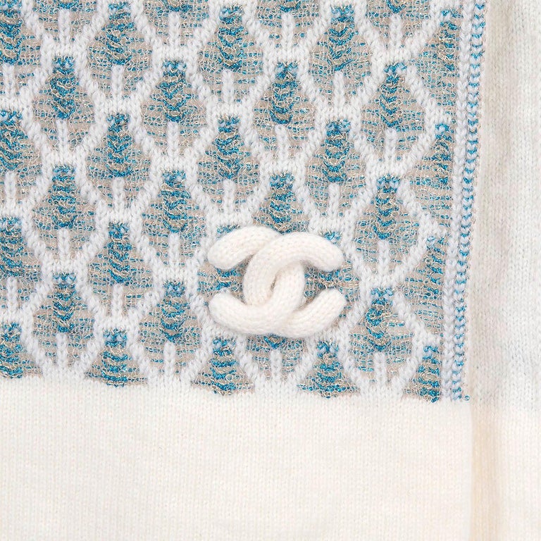 CHANEL white and blue cashmere LUREX MUFFLER Shawl Scarf at 1stDibs