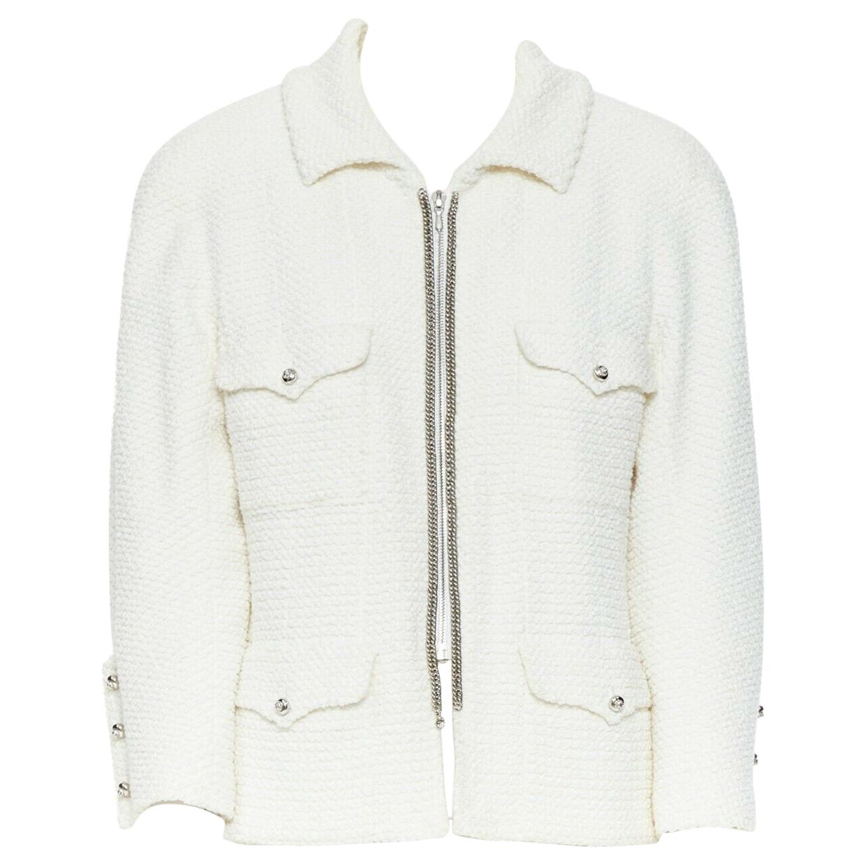 CHANEL white boucle 1piece shoulder 4 pocket 3/4 sleeve silver chain ...