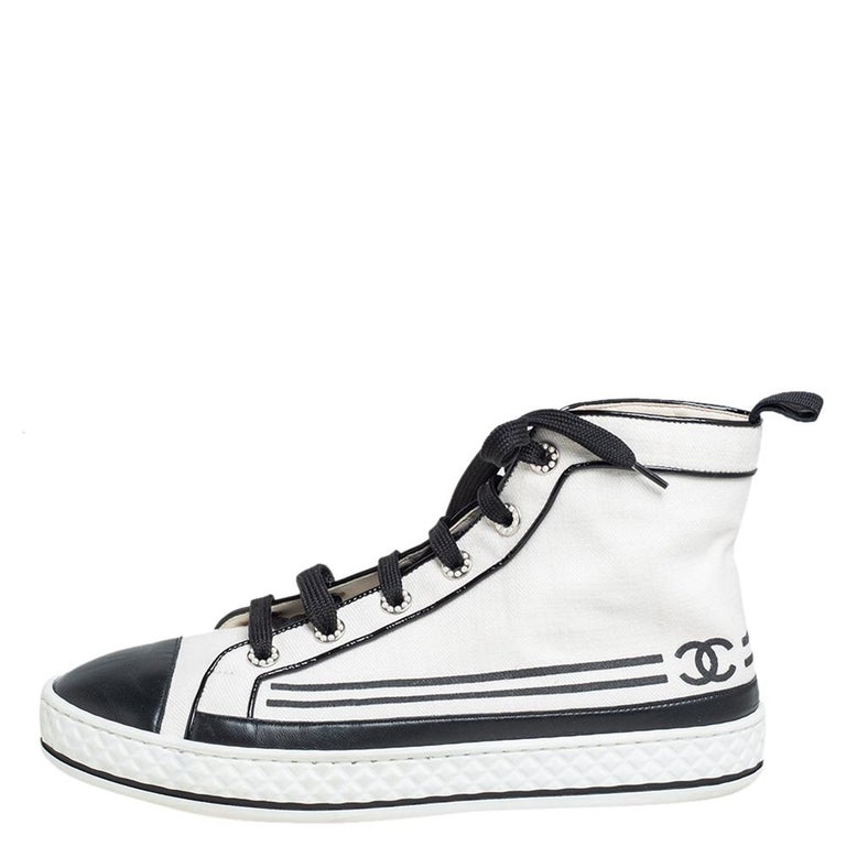 Chanel White Canvas And Leather CC Cap Toe Pearl High Top Sneakers Size ...