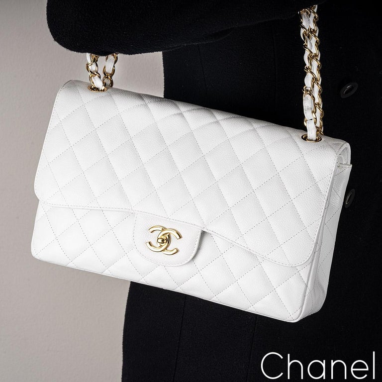 Chanel White Caviar Jumbo Classic Double Flap Bag with Gold Hardware at ...