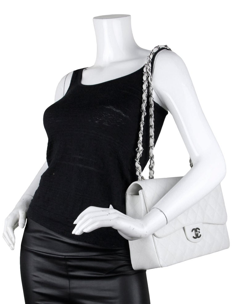 Chanel White Caviar Leather Quilted Single Flap Jumbo Classic Bag For ...
