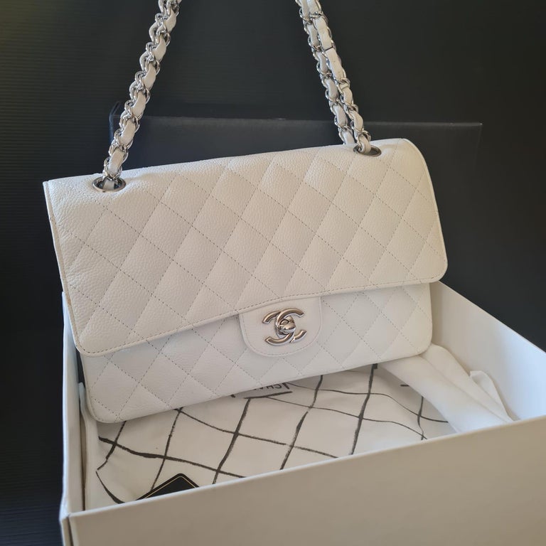 Chanel White Caviar Quilted Medium Classic Double Flap Bag For Sale at ...