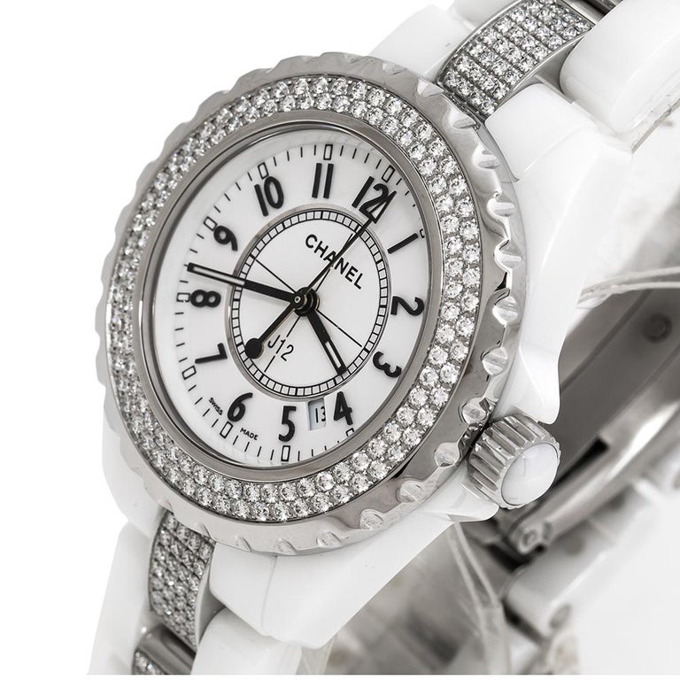 Chanel White Ceramic Diamond J12 Women's Wristwatch 34 mm at 1stDibs