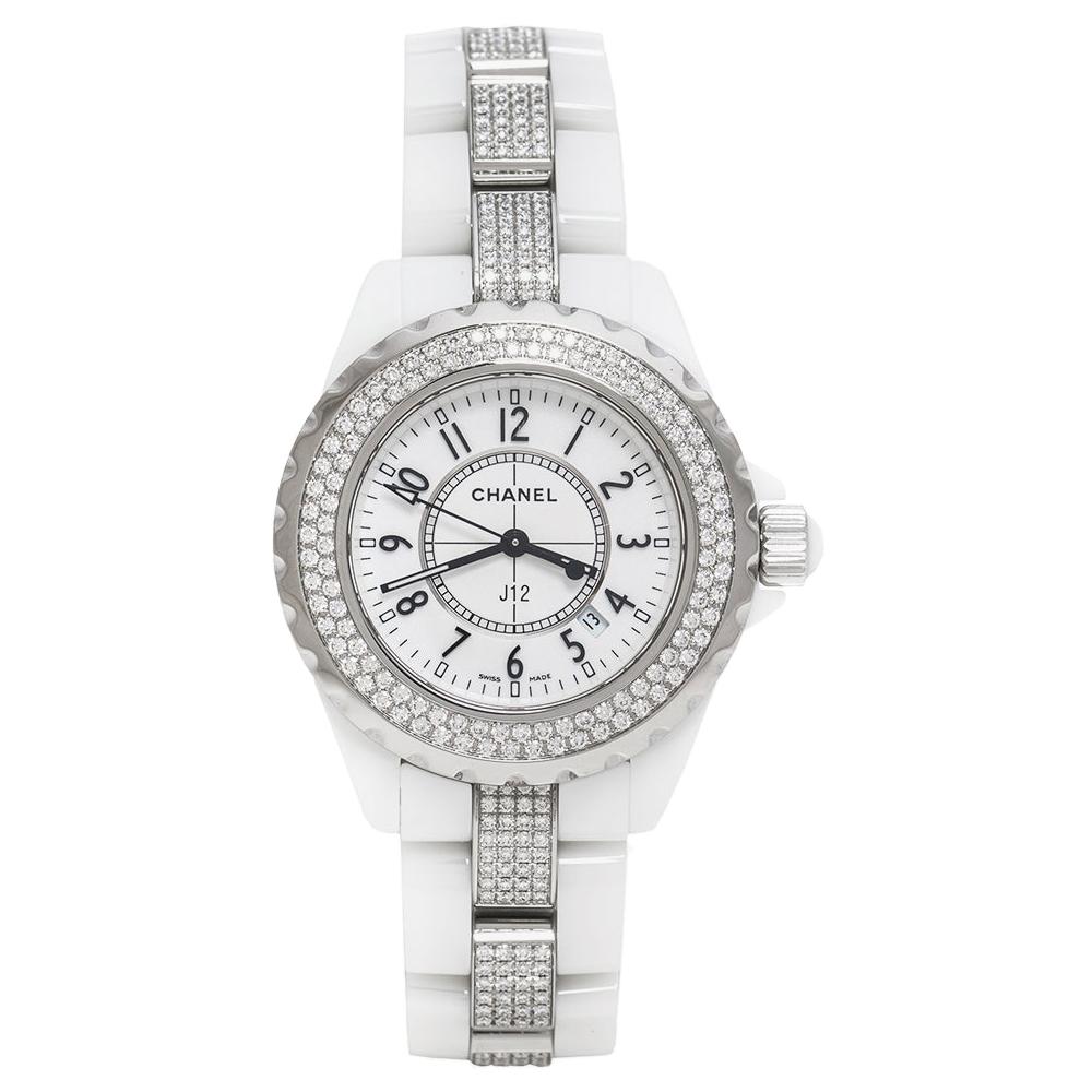 Chanel White Ceramic Diamond J12 Women's Wristwatch 34 mm at 1stDibs