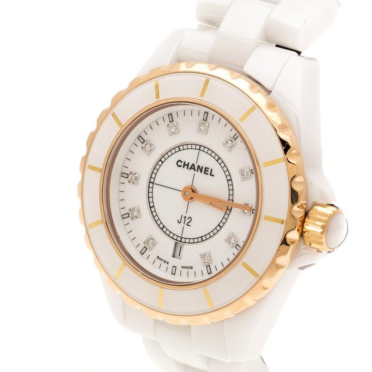 Chanel White Ceramic Gold Plated Diamonds J12 H2181 Women's Wristwatch ...