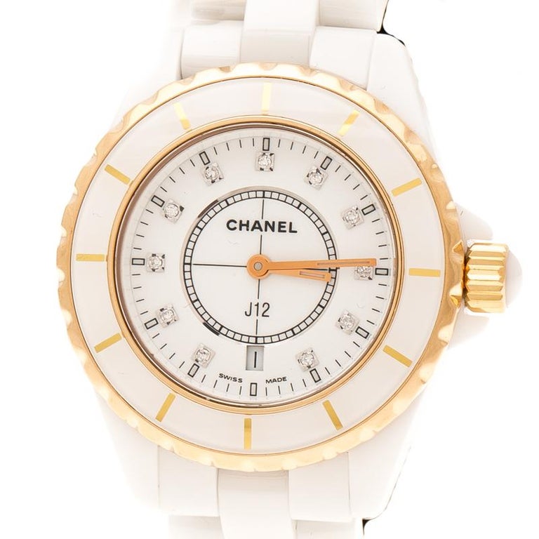 Chanel White Ceramic Gold Plated Diamonds J12 H2181 Women's Wristwatch ...