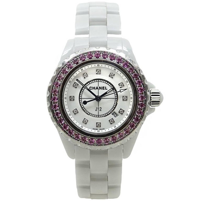 Chanel White Ceramic J12 Pink Sapphire Quartz Wristwatch For Sale at ...