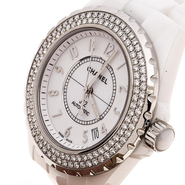 Chanel White Ceramic Stainless Steel Diamond J12 Women's Wristwatch 38 ...
