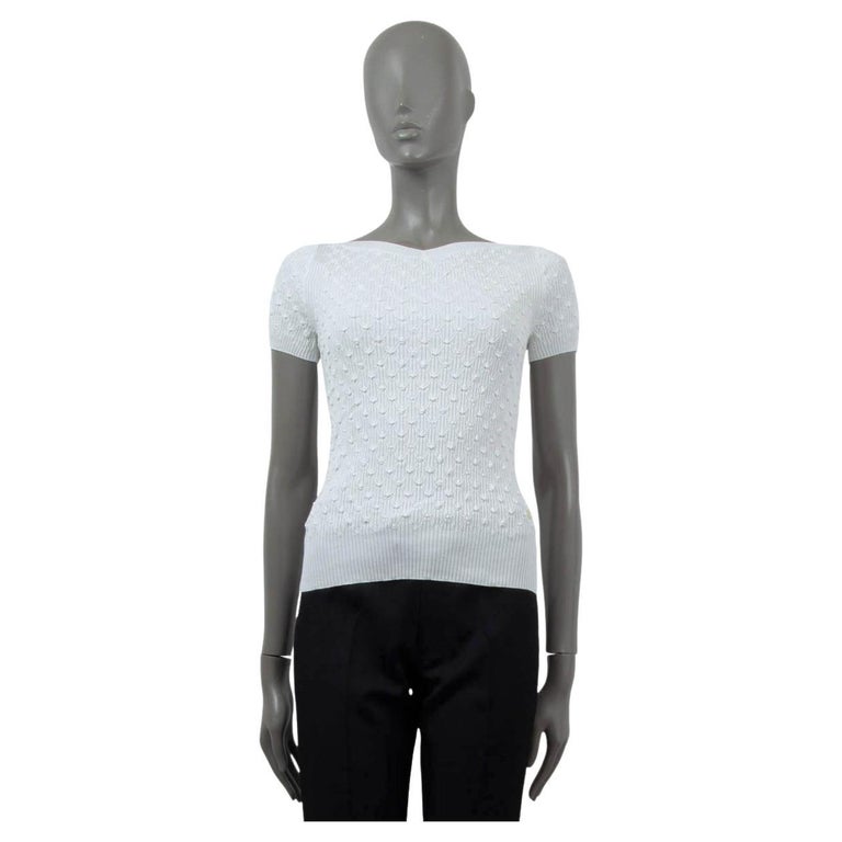 CHANEL white cotton silk 2018 18S TEXTURED RIB-KNIT T-Shirt Shirt 38 S ...