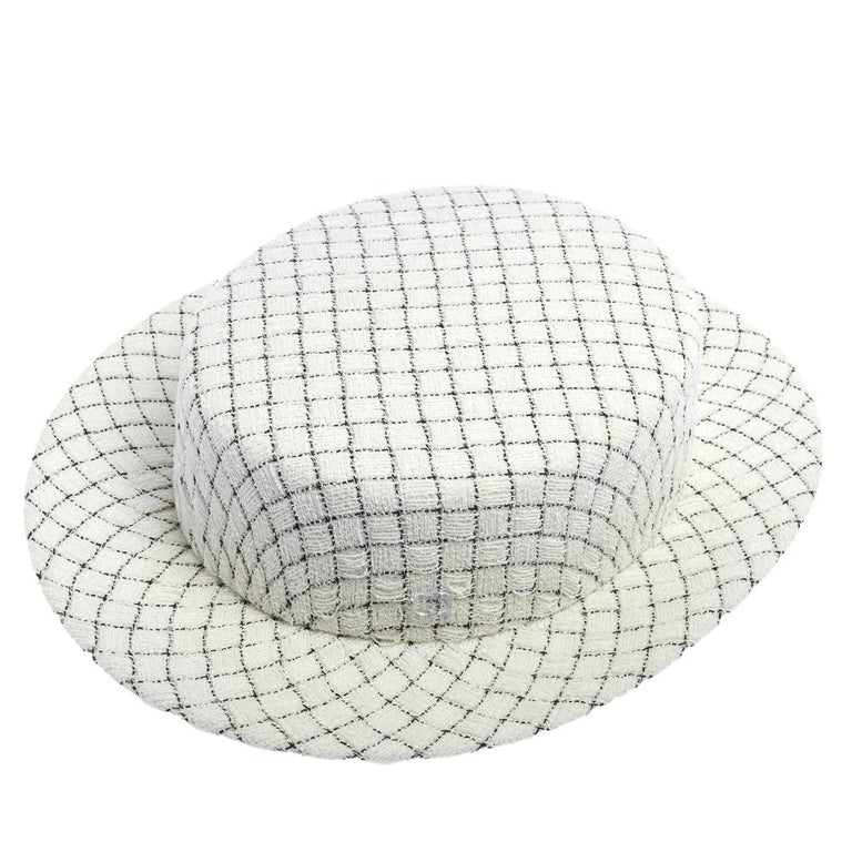 Chanel White Fantasy Tweed Boater Hat L For Sale at 1stDibs