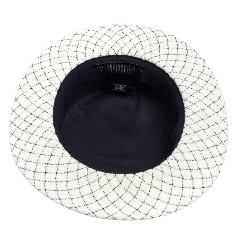 Chanel White Fantasy Tweed Boater Hat L For Sale at 1stDibs