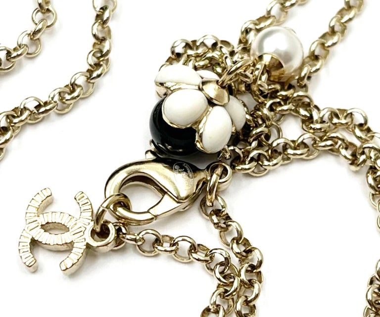 Chanel White Flower Gold CC Crystal Black Flower Necklace For Sale at ...