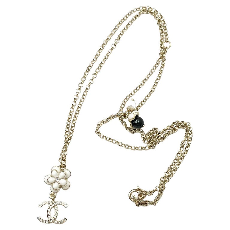Chanel White Flower Gold CC Crystal Black Flower Necklace For Sale at ...
