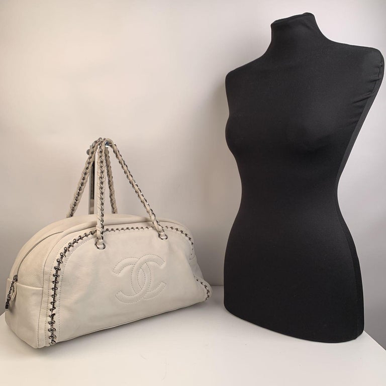 Chanel White Leather CC Logo Chain Around Bowling Bowler Bag For Sale ...