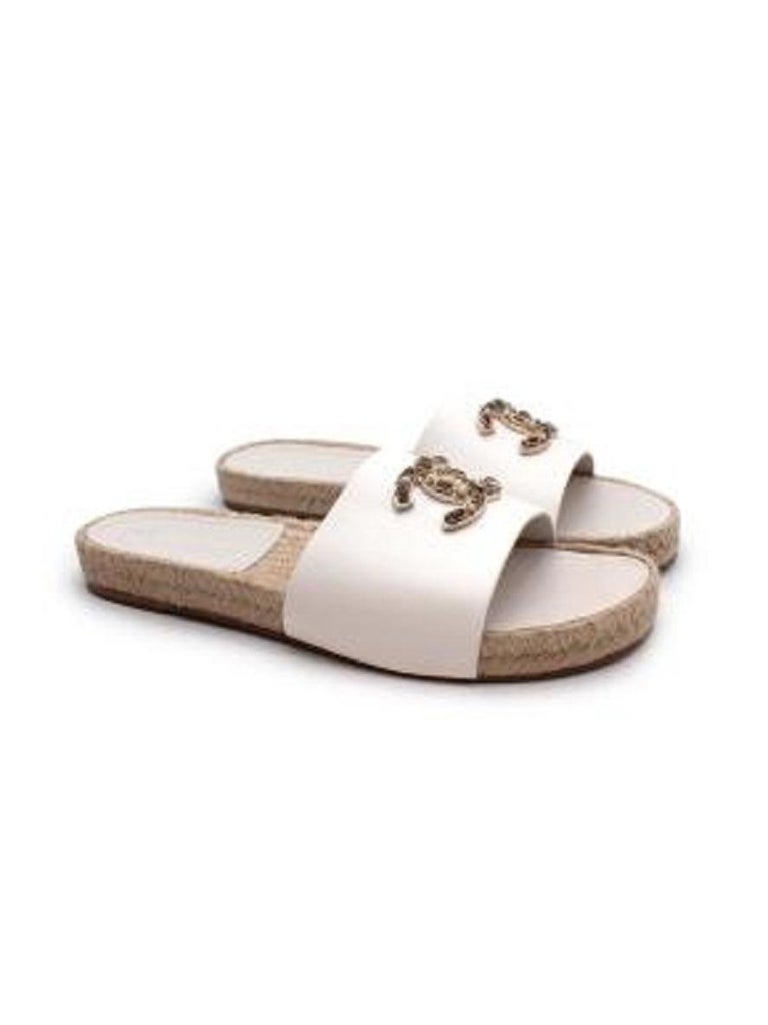 Chanel White Leather Espadrille Sliders with Embellished Logo For Sale ...