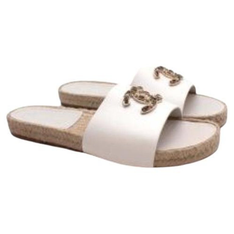 Chanel White Leather Espadrille Sliders with Embellished Logo For Sale ...
