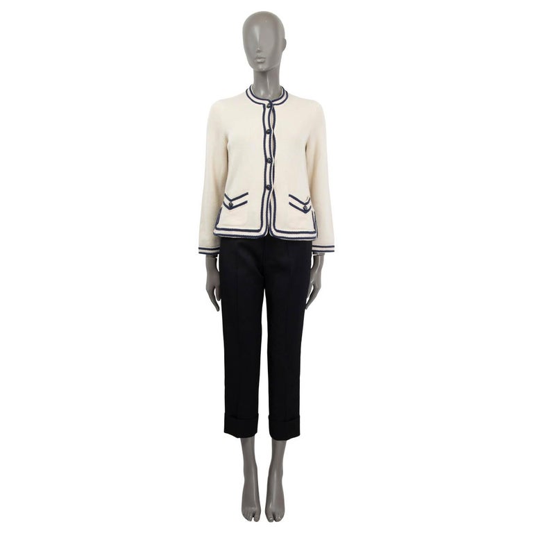CHANEL white and navy cashmere 2016 16P CROCHET TRIM Cardigan Sweater ...