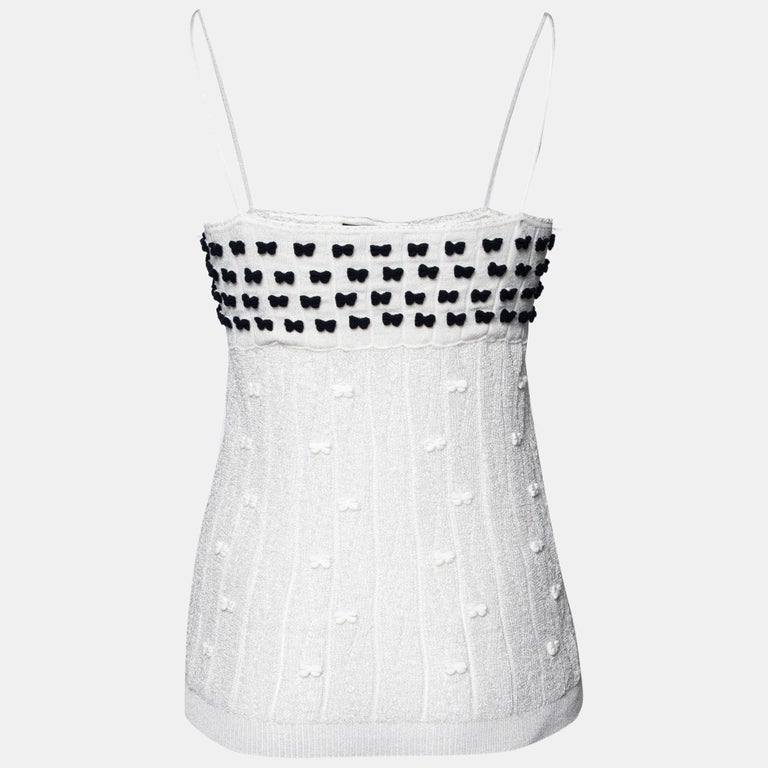 Chanel White Perforated Knit Bow Appliqued Sleeveless Top L For Sale at ...