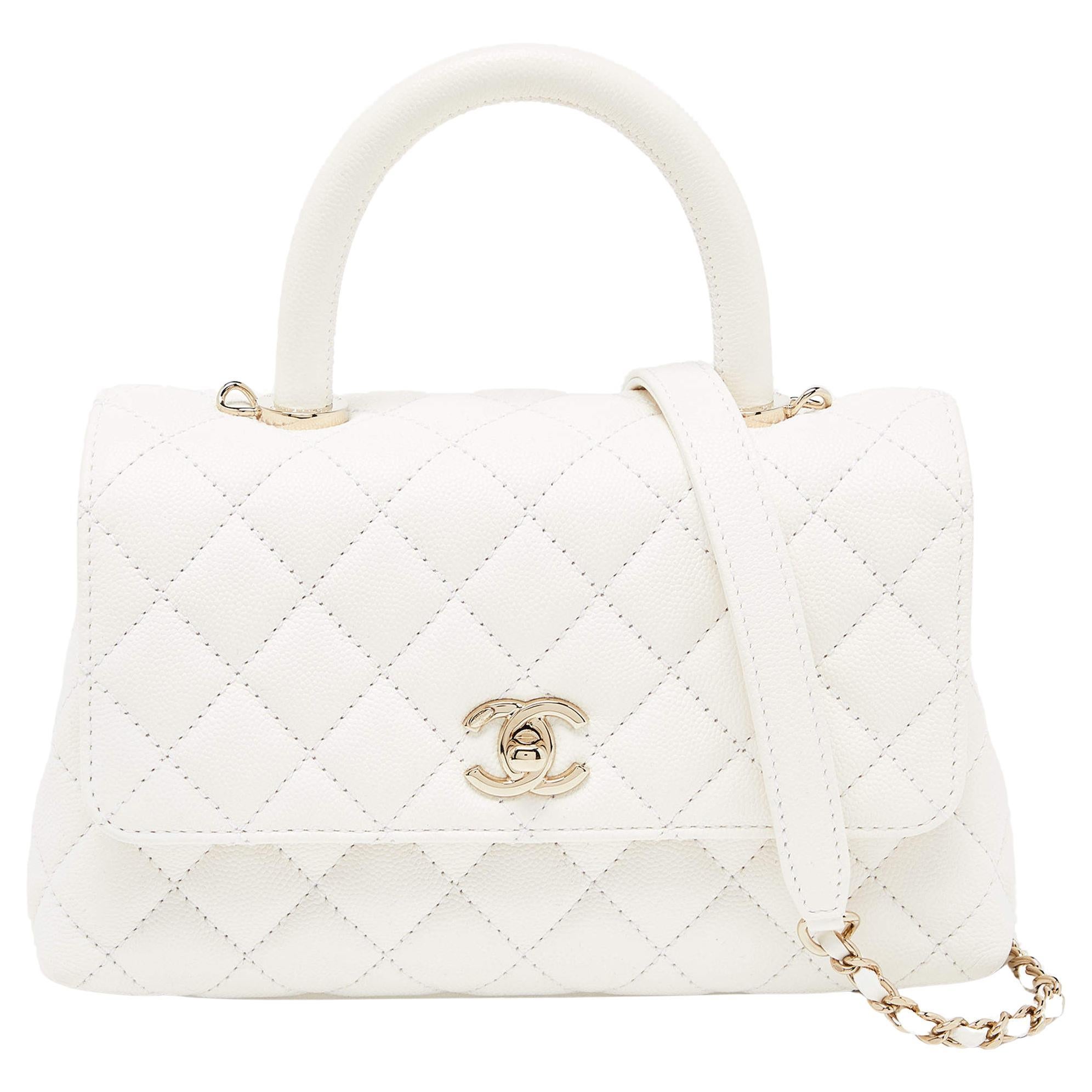 Chanel White Quilted Caviar Leather Small Coco Top Handle Bag For Sale ...