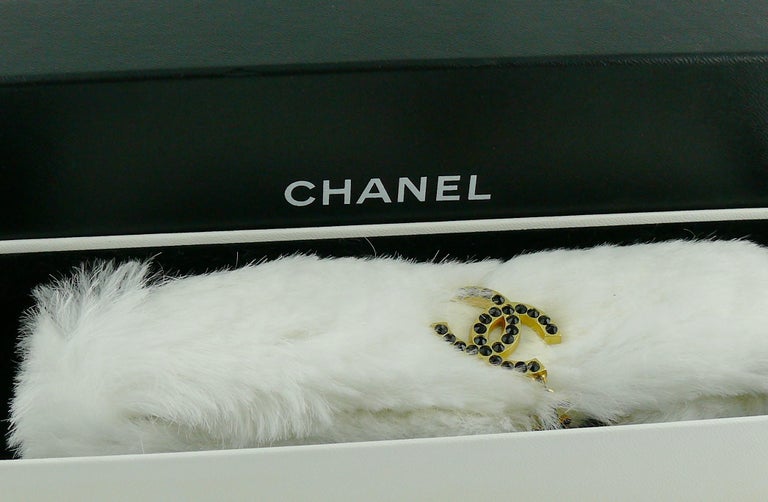 Chanel White Rabbit Fur Jewelled CC Choker Necklace at 1stDibs