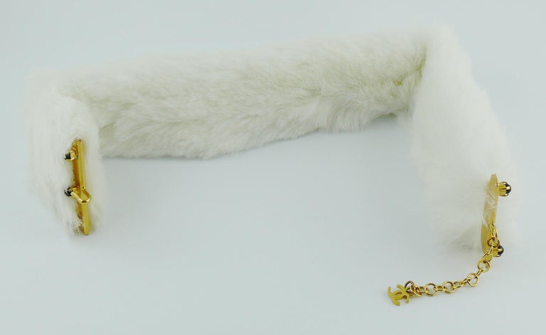 Chanel White Rabbit Fur Jewelled CC Choker Necklace at 1stDibs