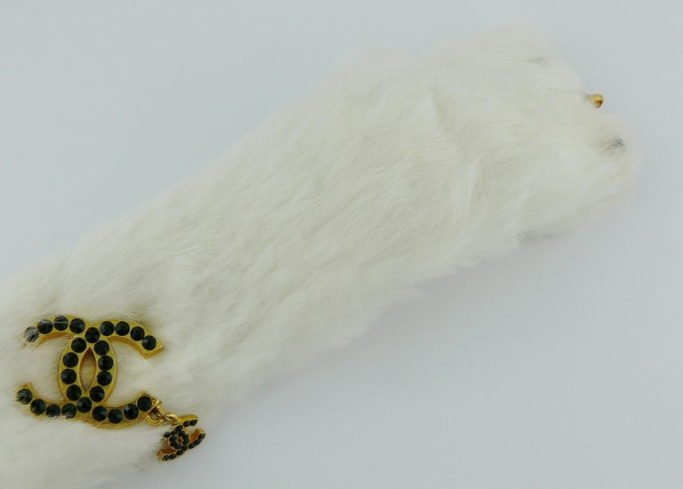 Chanel White Rabbit Fur Jewelled CC Choker Necklace at 1stDibs