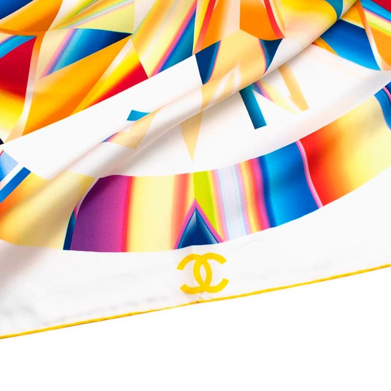 Chanel White/Rainbow Compass Print Square Silk Scarf at 1stDibs