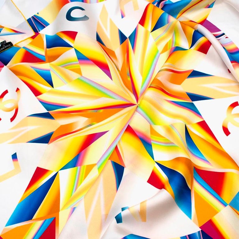 Chanel White/Rainbow Compass Print Square Silk Scarf at 1stDibs