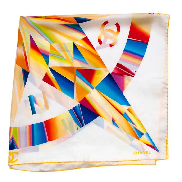 Chanel White/Rainbow Compass Print Square Silk Scarf at 1stDibs